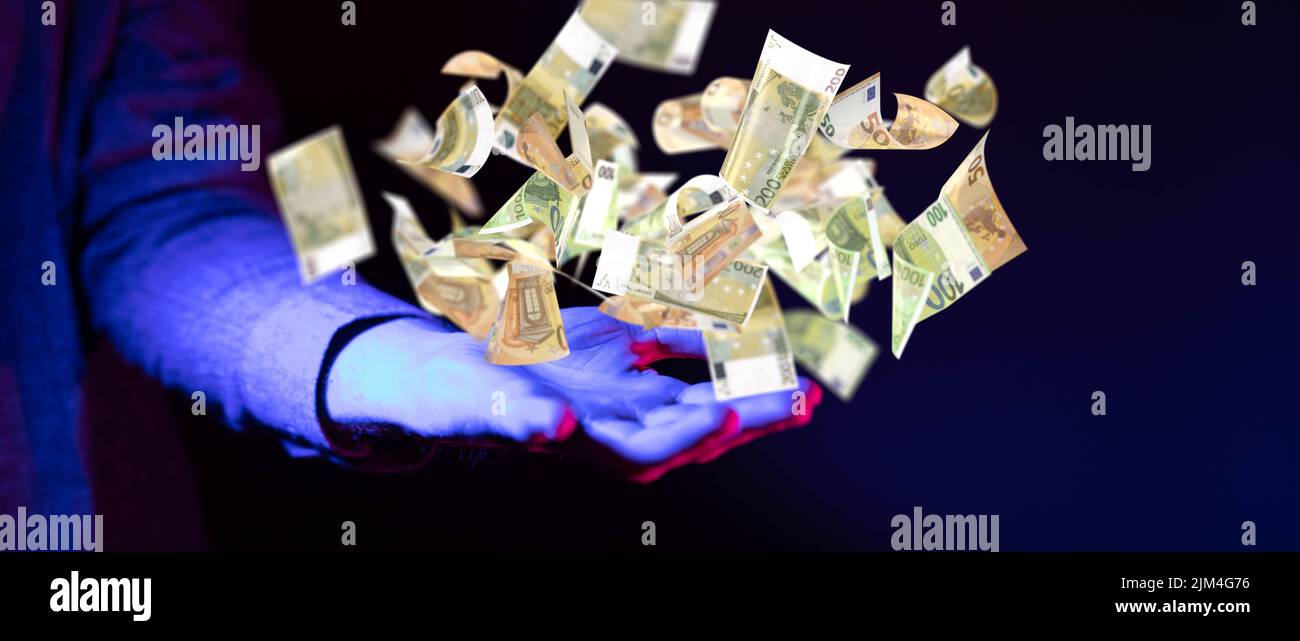 A hand holding illustrated 3D futuristic banknotes on a dark neon ...