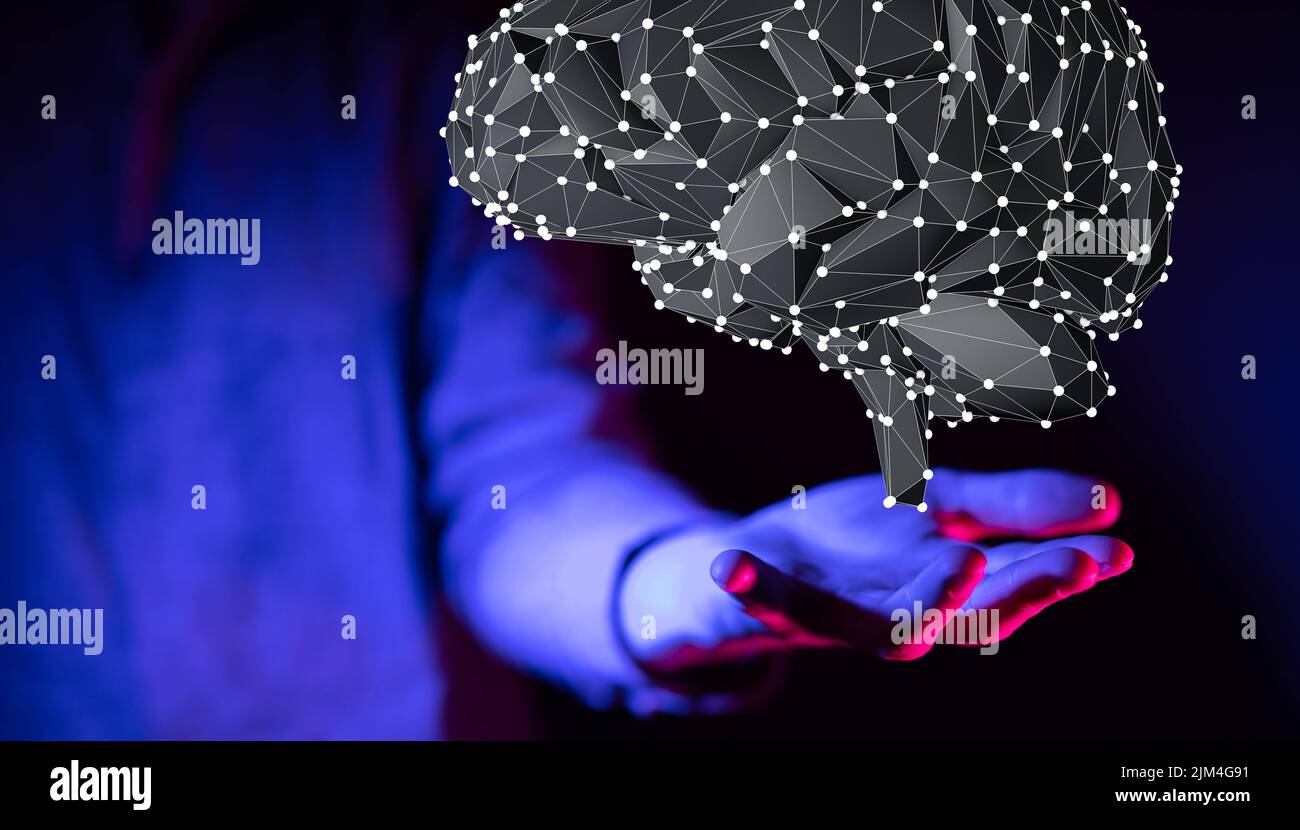 A 3D rendering of a hand holding an illustrated gray structure of a ...