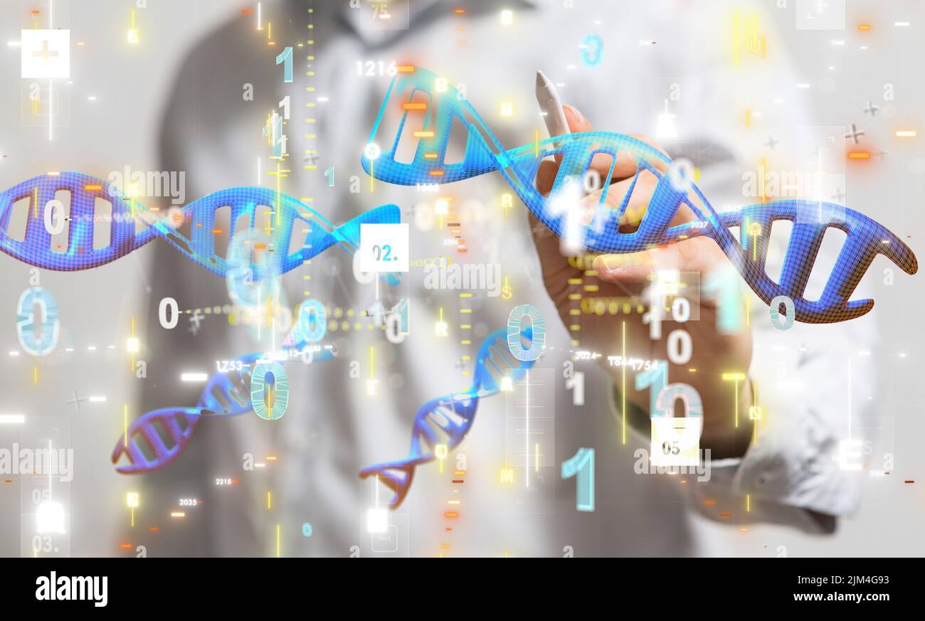 A closeup of a hand holding an illustrated DNA icon with numbers on a ...