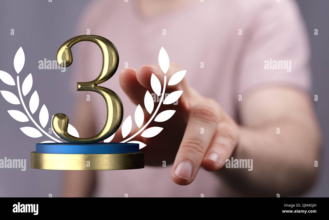 A businessman's hand showing a 3D rendered third award prize Stock ...