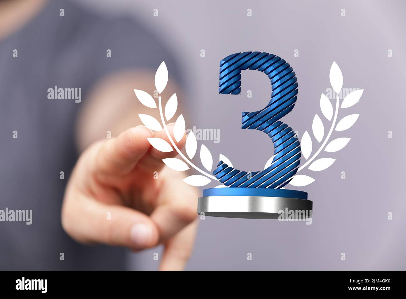 A digital 3rd place prize celebration logotype with a man's hand ...