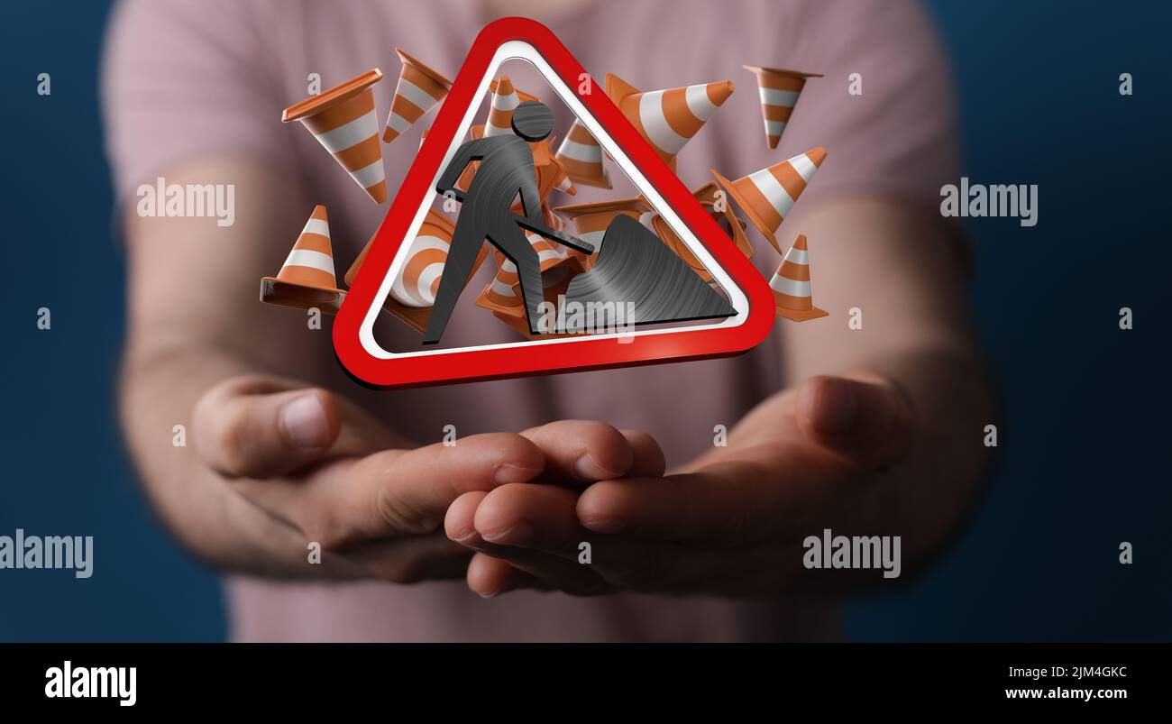 A digital construction and process signs floating on the man's hand ...