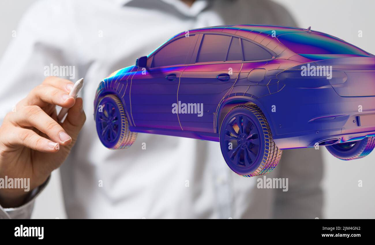 A floating digital smart car with a businessman's hand scrolling Stock ...