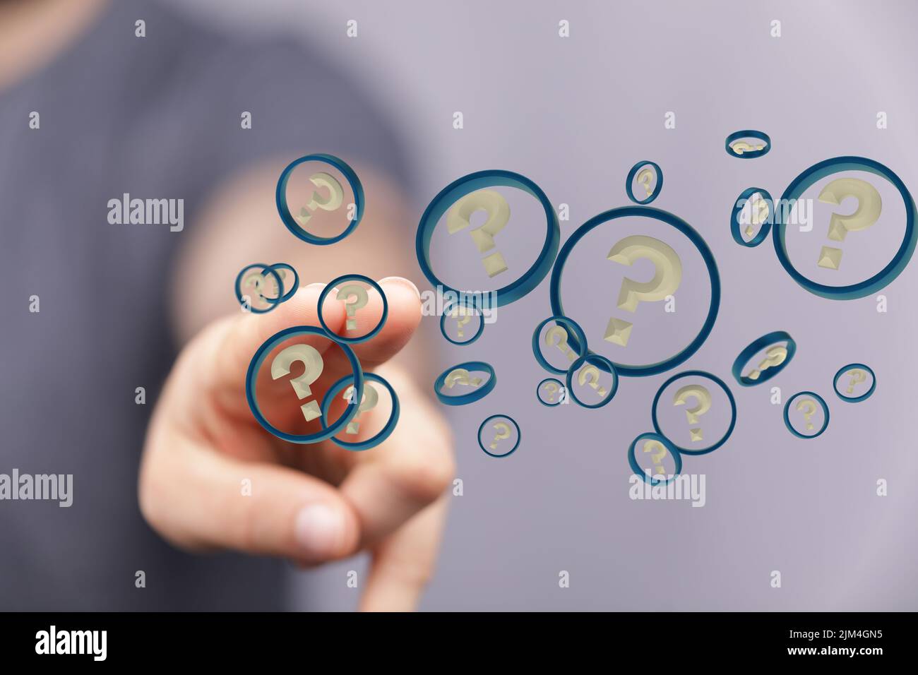 A hand pointing to the 3D rendered question marks Stock Photo - Alamy