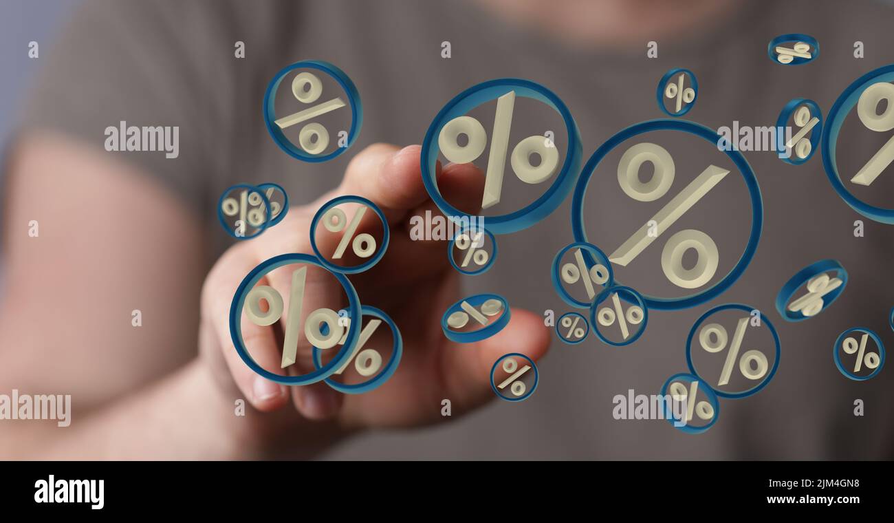 A hand pointing on the 3D rendered percent sign, percentage icon Stock ...