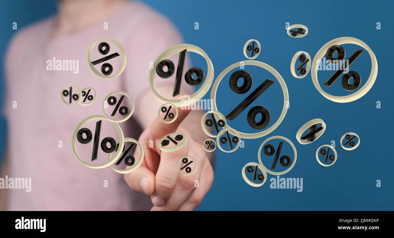 A hand pointing on the 3D rendered percent sign, percentage icon Stock ...