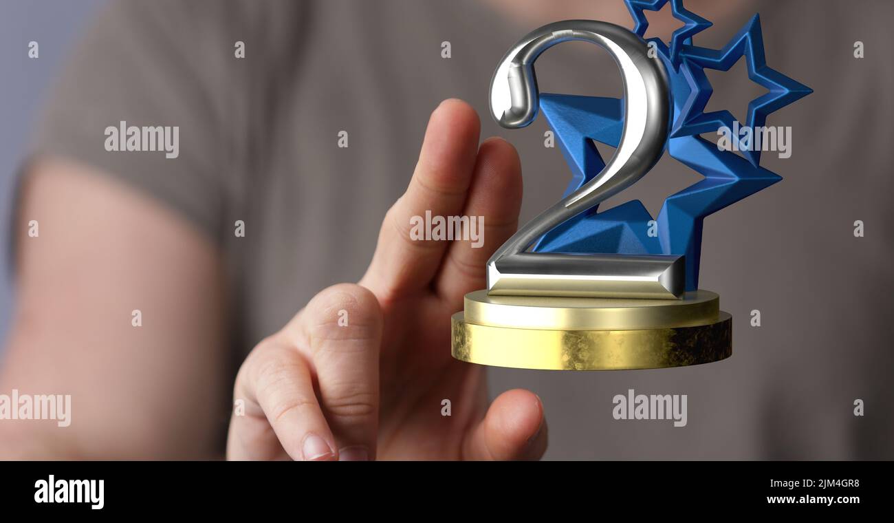 A businessman's hand showing a 3D rendered second award prize Stock ...