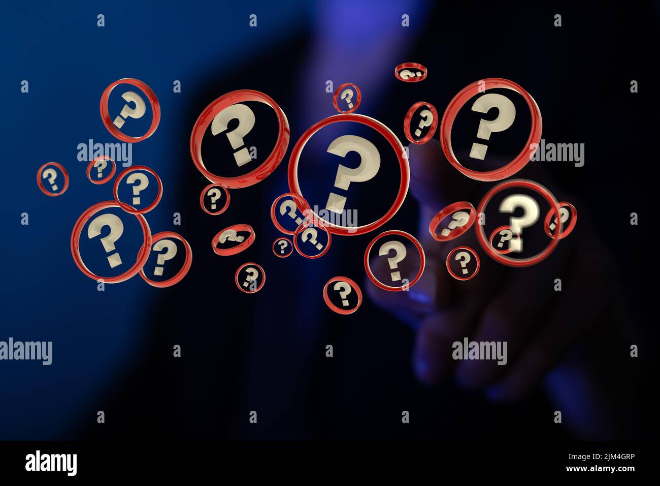 A person presenting the 3D render of solving problems with infinite question marks concept Stock ...