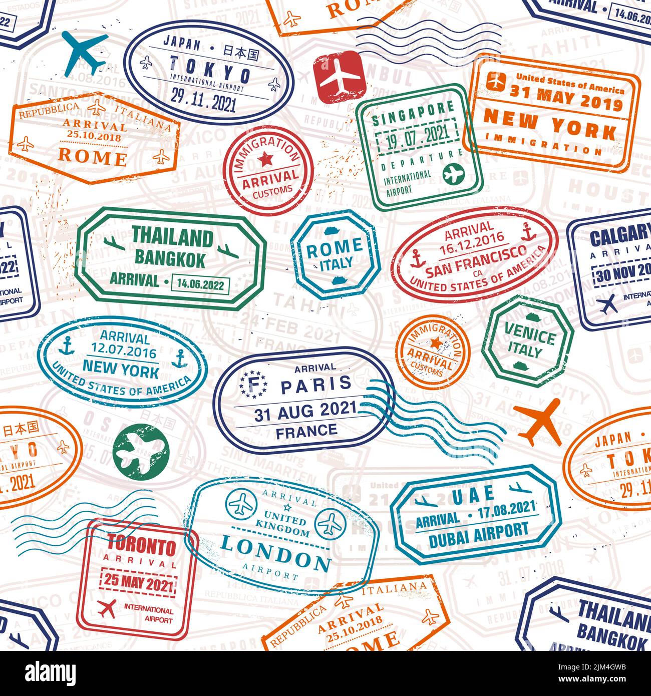 Seamless pattern passport stamps. Cool travel passport stamps vector ... Seamless pattern passport stamps. Cool travel passport stamps vector ...