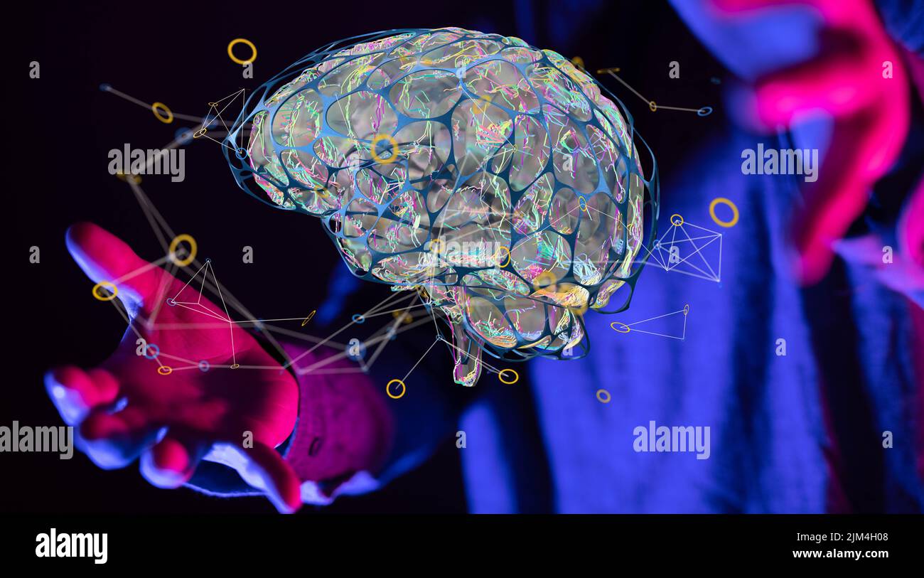 A 3d rendering design of a person interacting with a digital brain ...