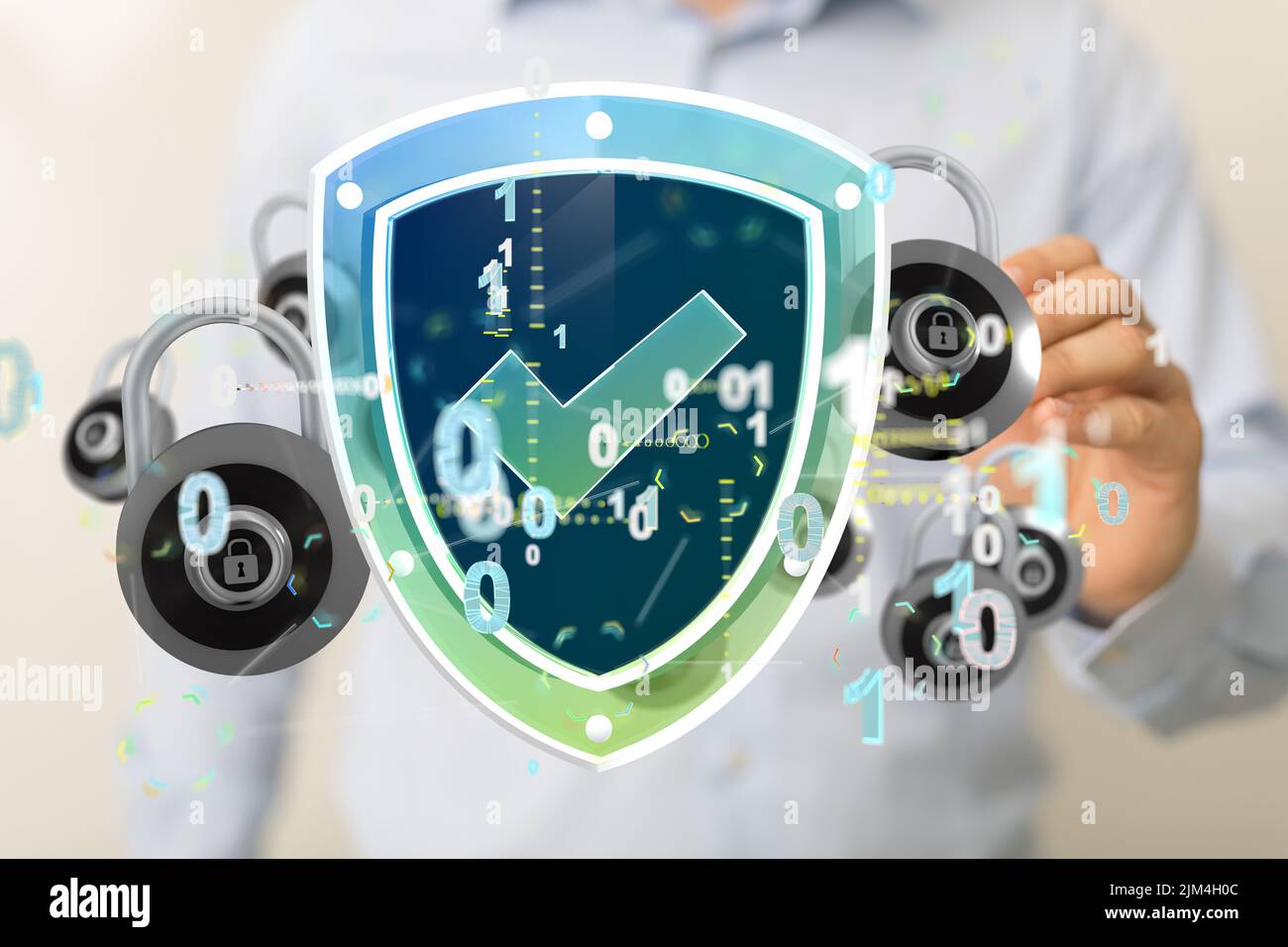 A 3d rendering design of a person interacting with security signs, safe ...