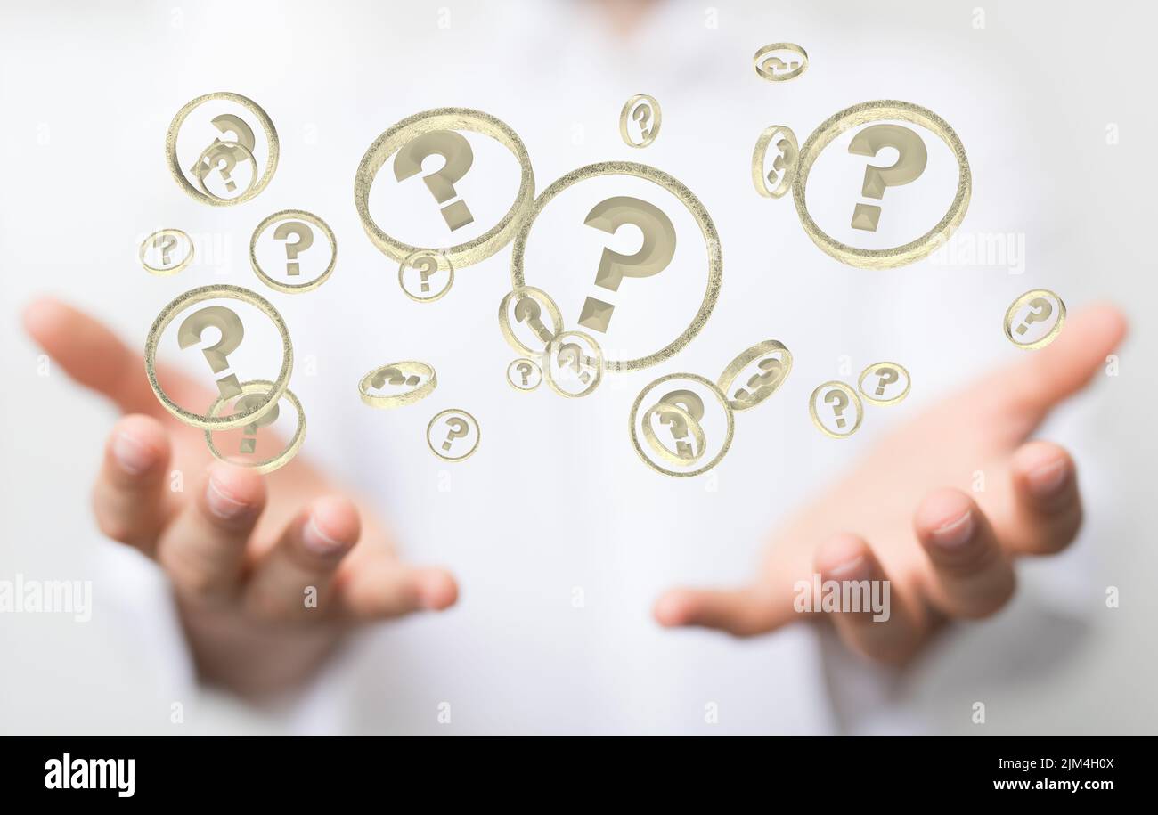 A person presenting the 3D render of solving problems with infinite question marks concept Stock ...