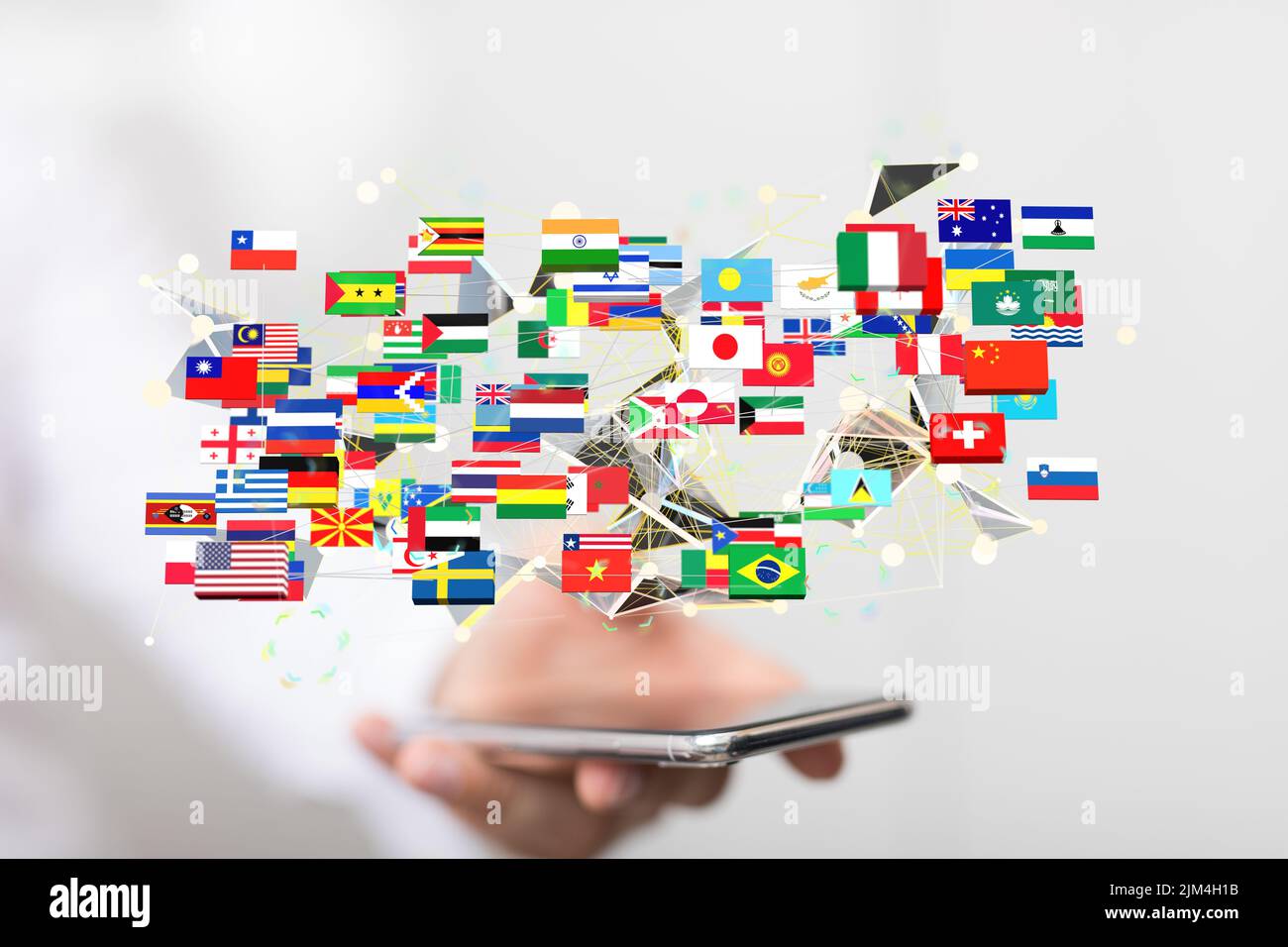 A 3d rendering design of a group of many flags of different countries ...