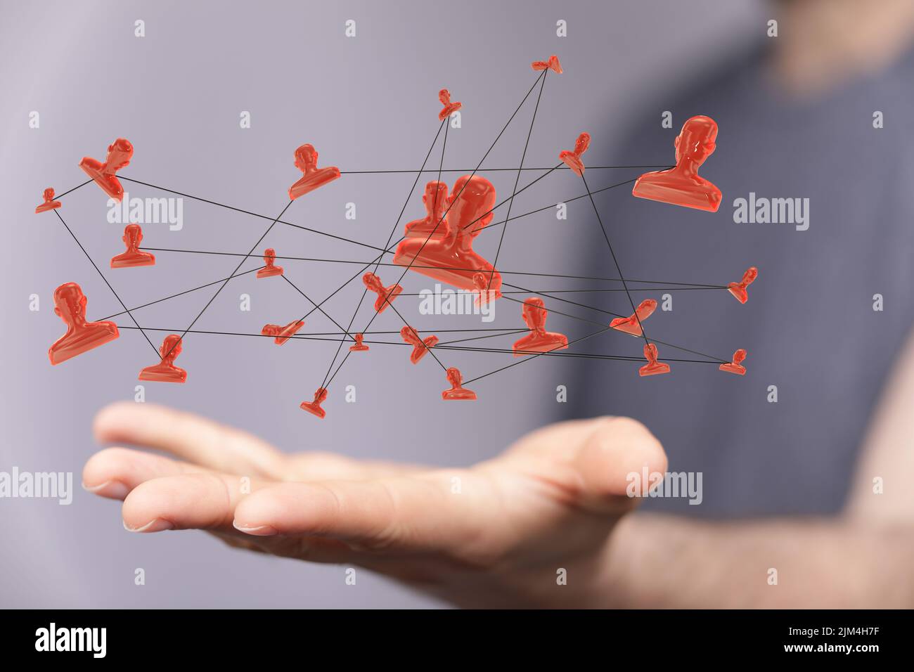 A 3d rendering design of a person interacting with a social network red ...