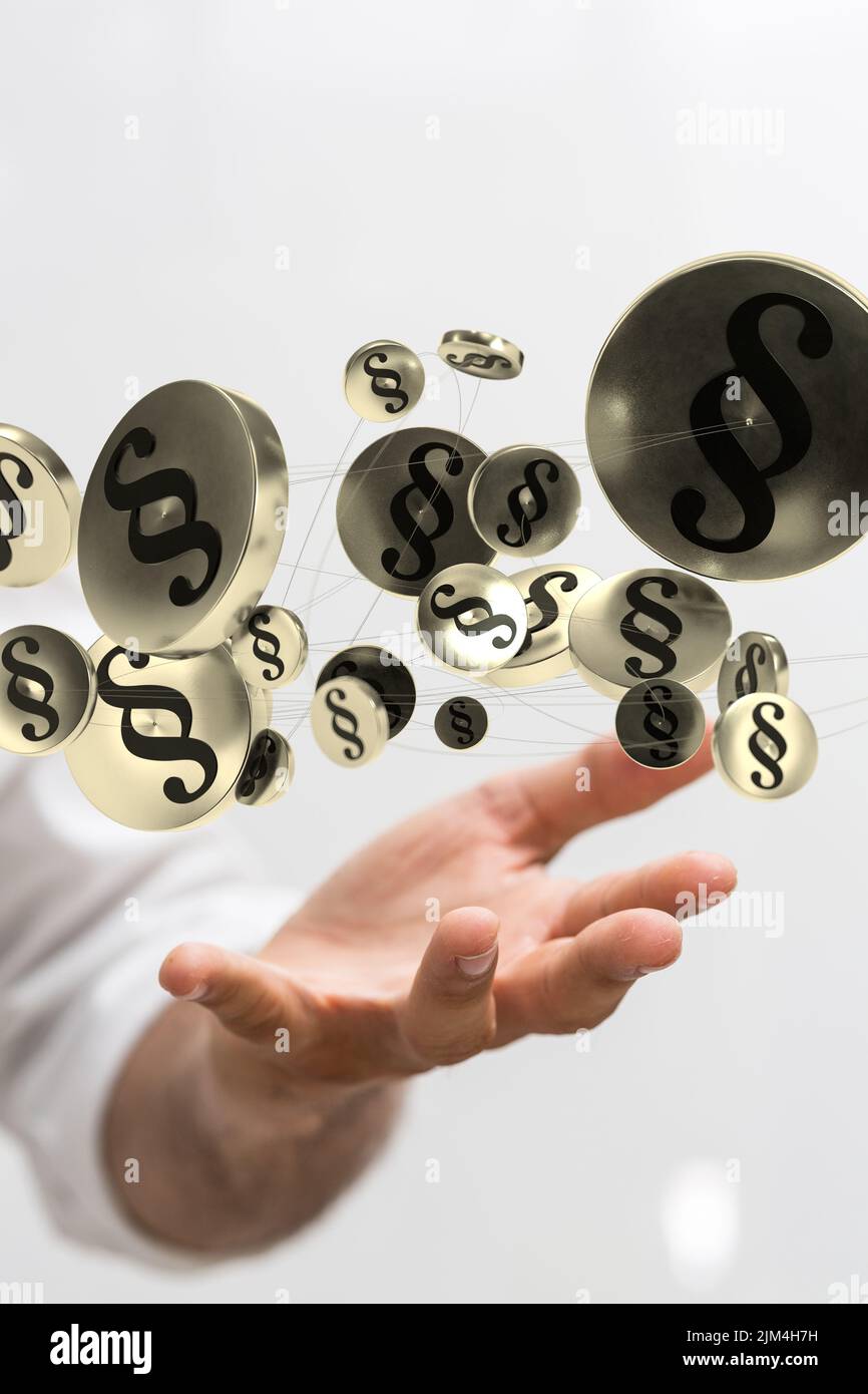 A closeup of illustrated Law Protection Right Symbols near a hand Stock ...