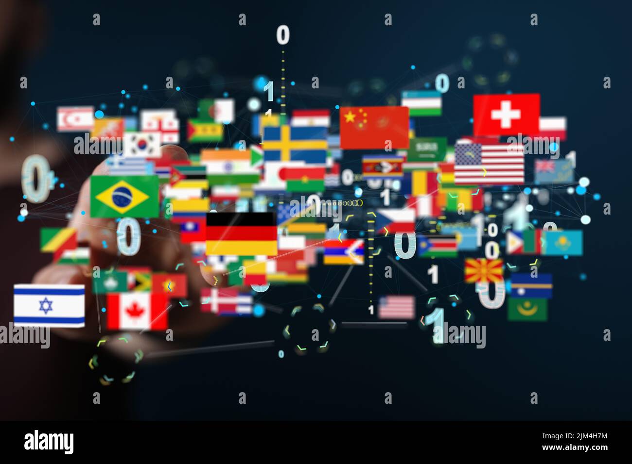 A person presenting a virtual projection of country flags Stock Photo ...
