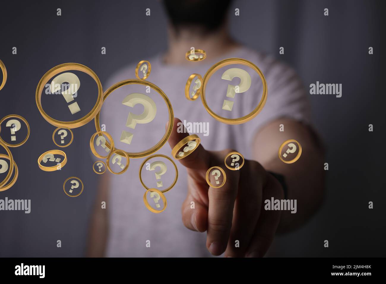 A 3d rendering design of golden question marks with a person touching from the back Stock Photo ...