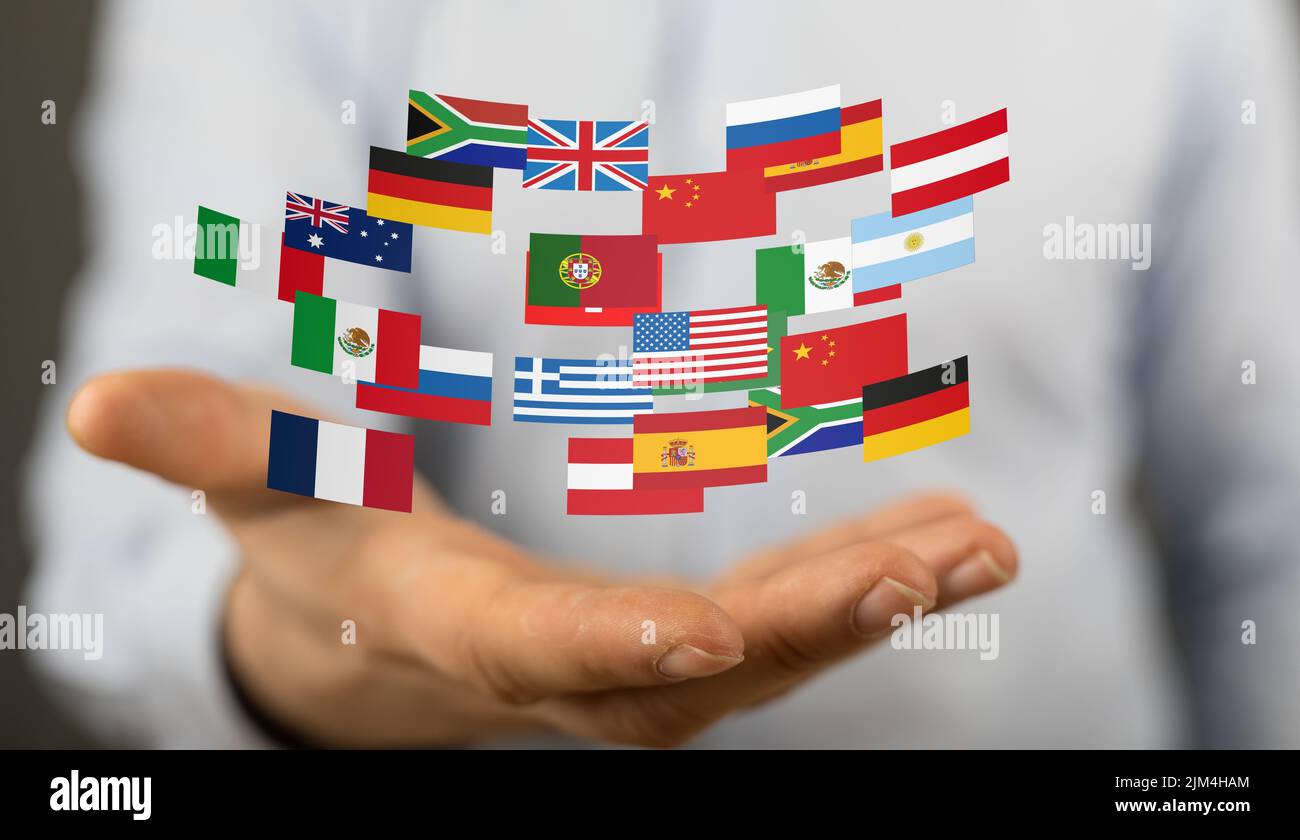 A 3d rendering design of a group of many flags of different countries ...