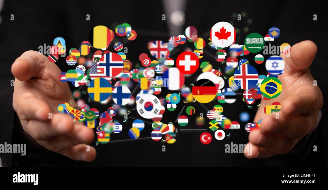 A closeup of illustrated world flags near a hand Stock Photo - Alamy