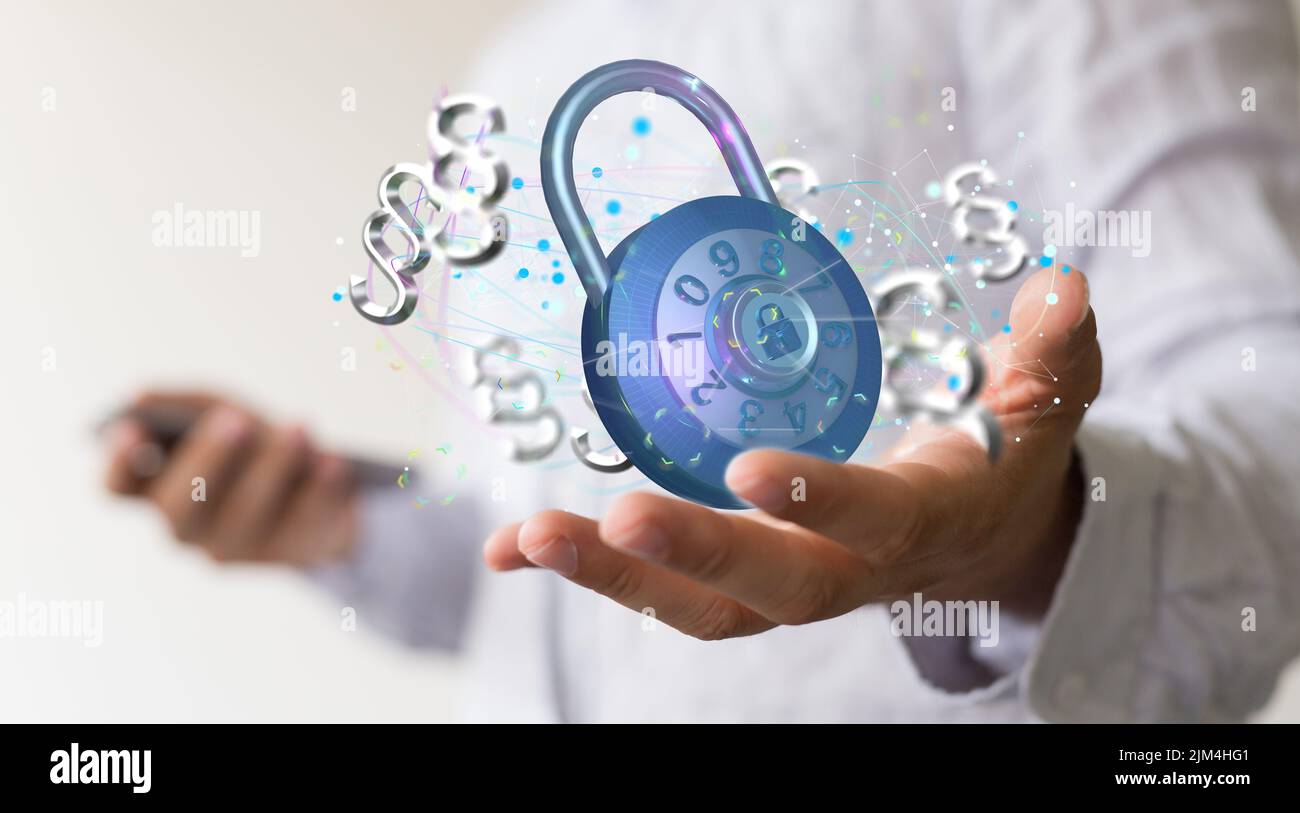 A digital labor law signs and a padlock in a businessman hand, Legal ...