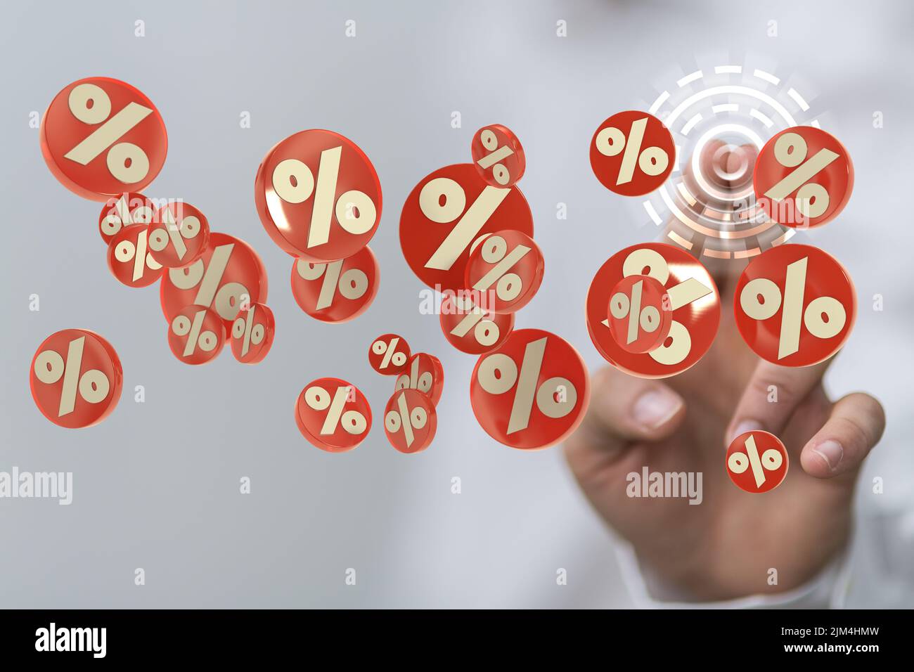 A person presenting a virtual projection of discount symbols Stock ...