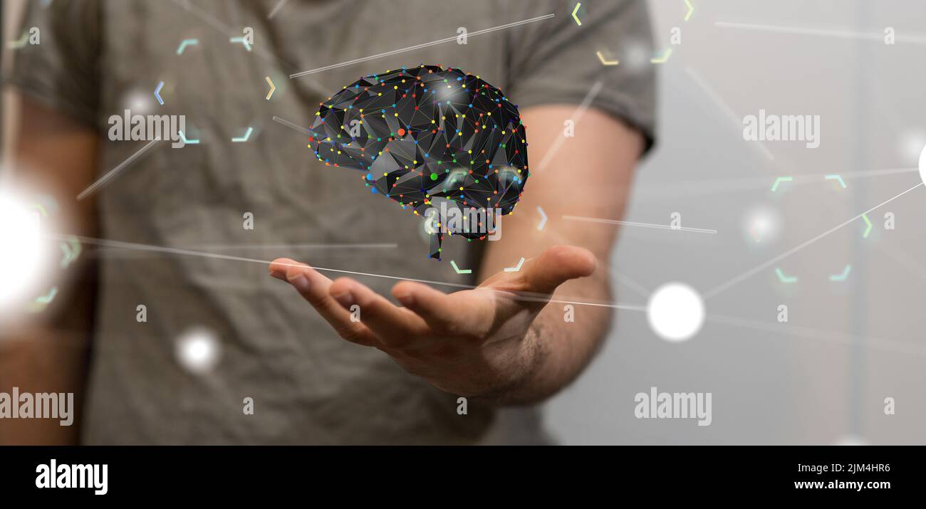 A person presenting a virtual projection of human brain and artificial ...