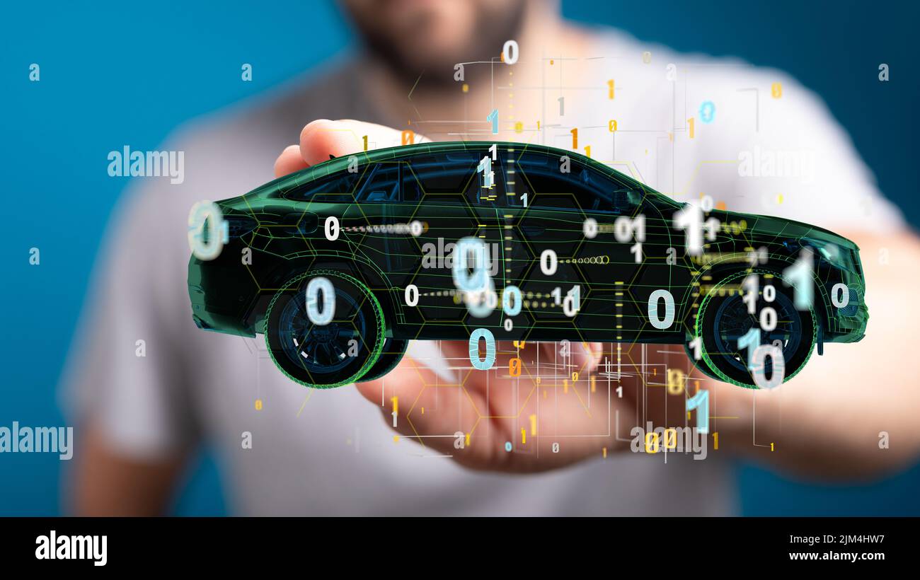 A 3D render of floating electro car concept with hand touching it from behind Stock Photo - Alamy