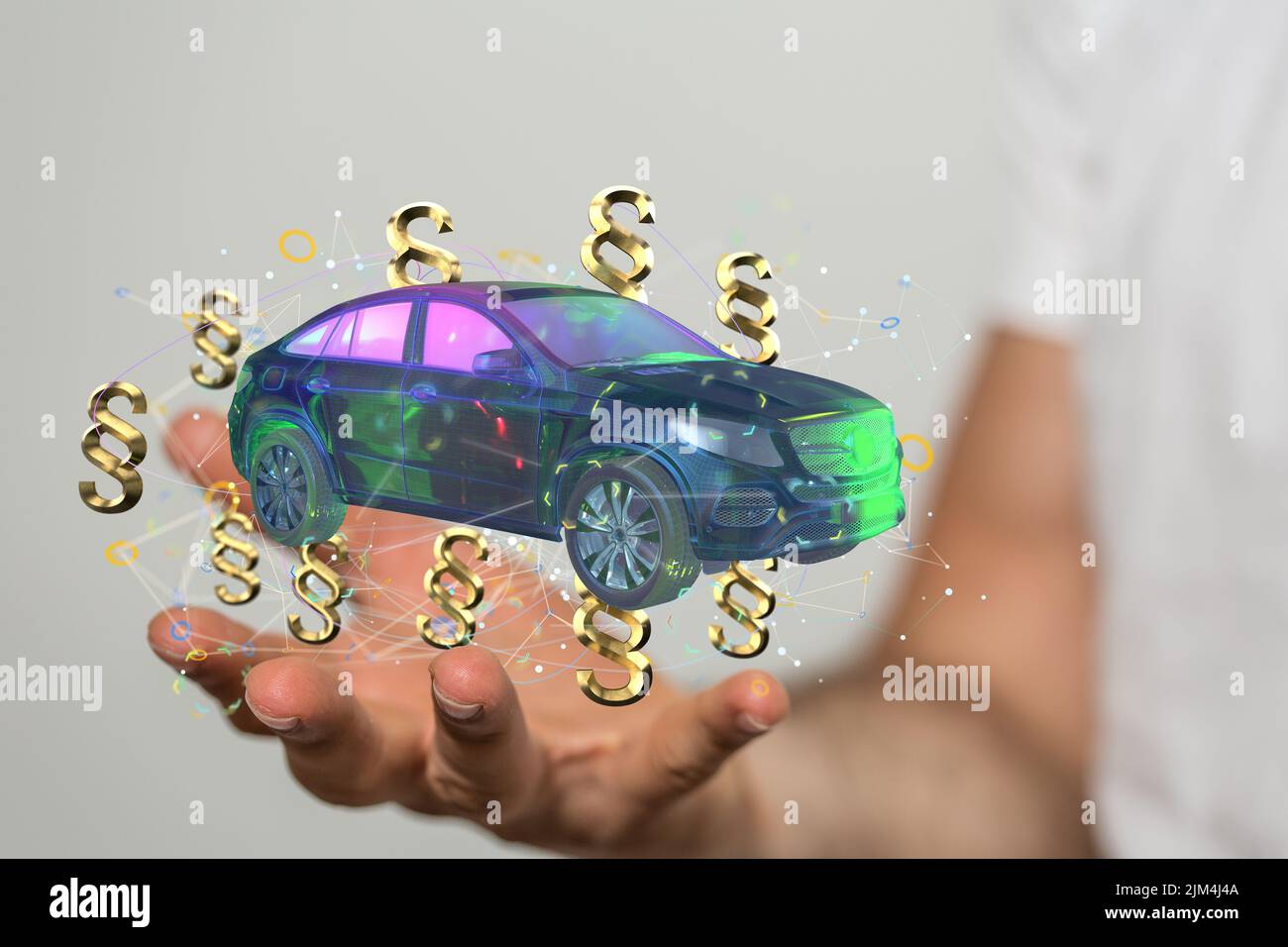A 3D rendered hologram of a car with binary numbers in a male hand with ...