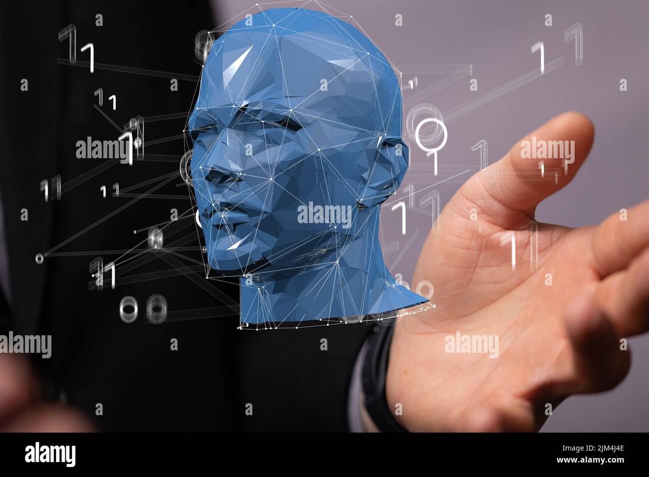 A 3D render of a holographic blue digital style human head with numbers ...