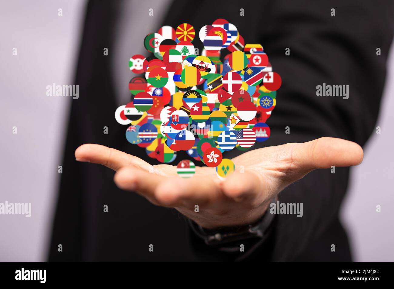 A shallow focus shot of digital World flags with all states and their ...