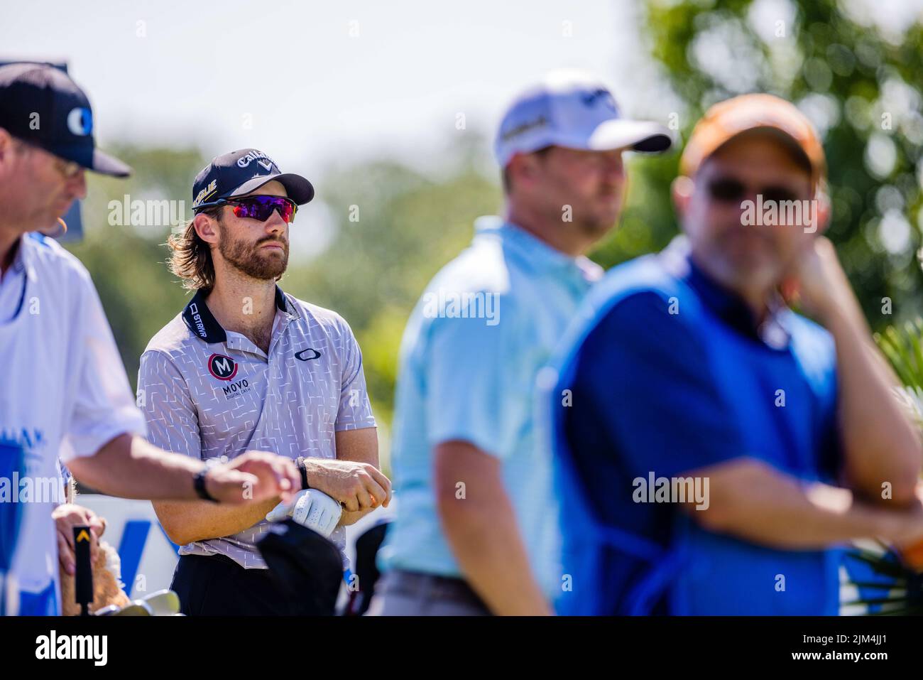 Greensboro, NC. August 4, 2022: Patrick Rodgers waits to tee off on 18 ...