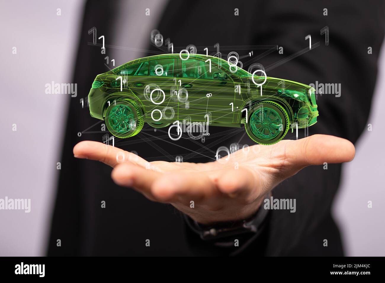 A hologram of a 3D rendered futuristic car with binary digits hovering ...
