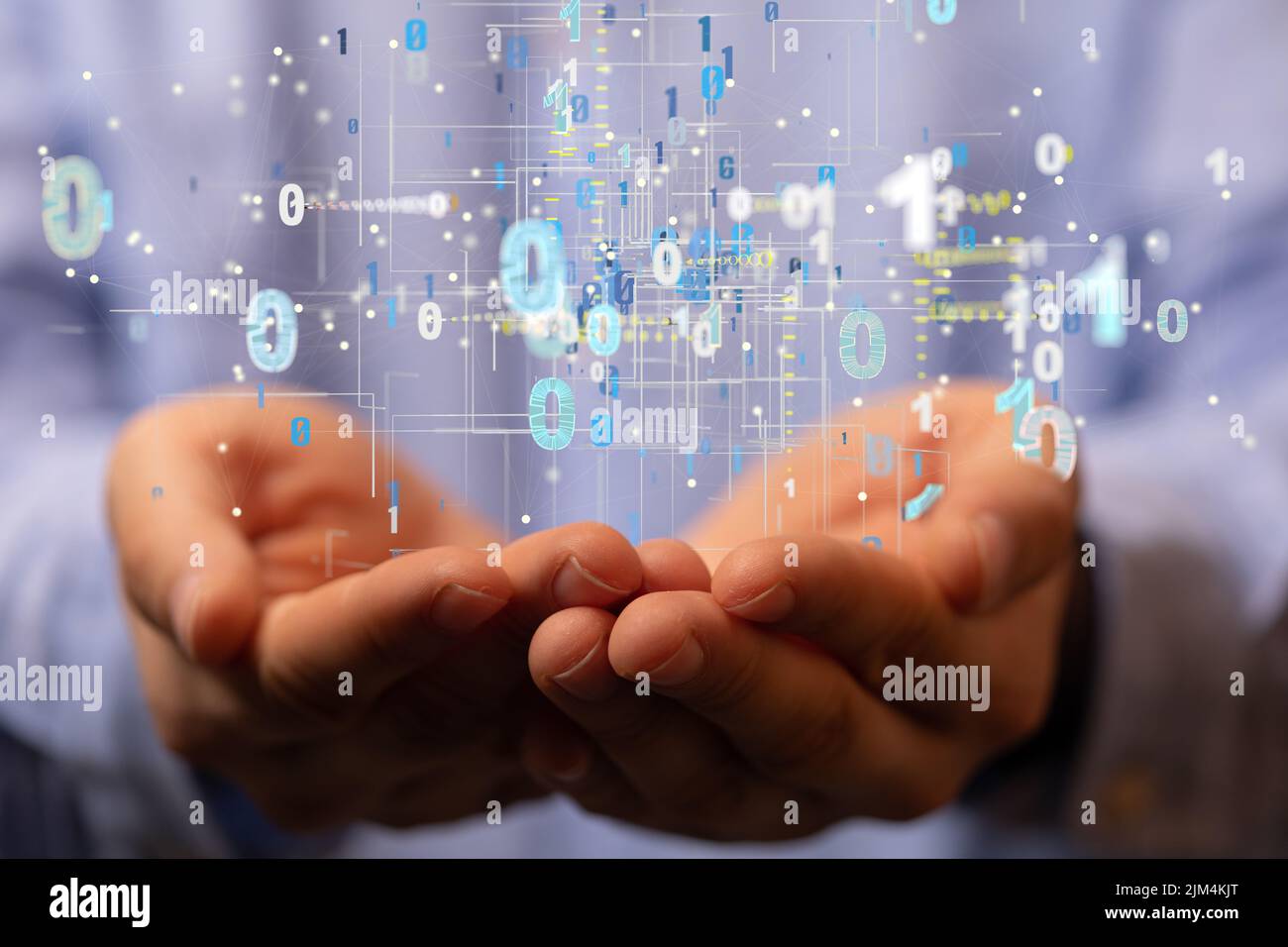 A code concept of 3D rendered connected data hovering over the person's ...