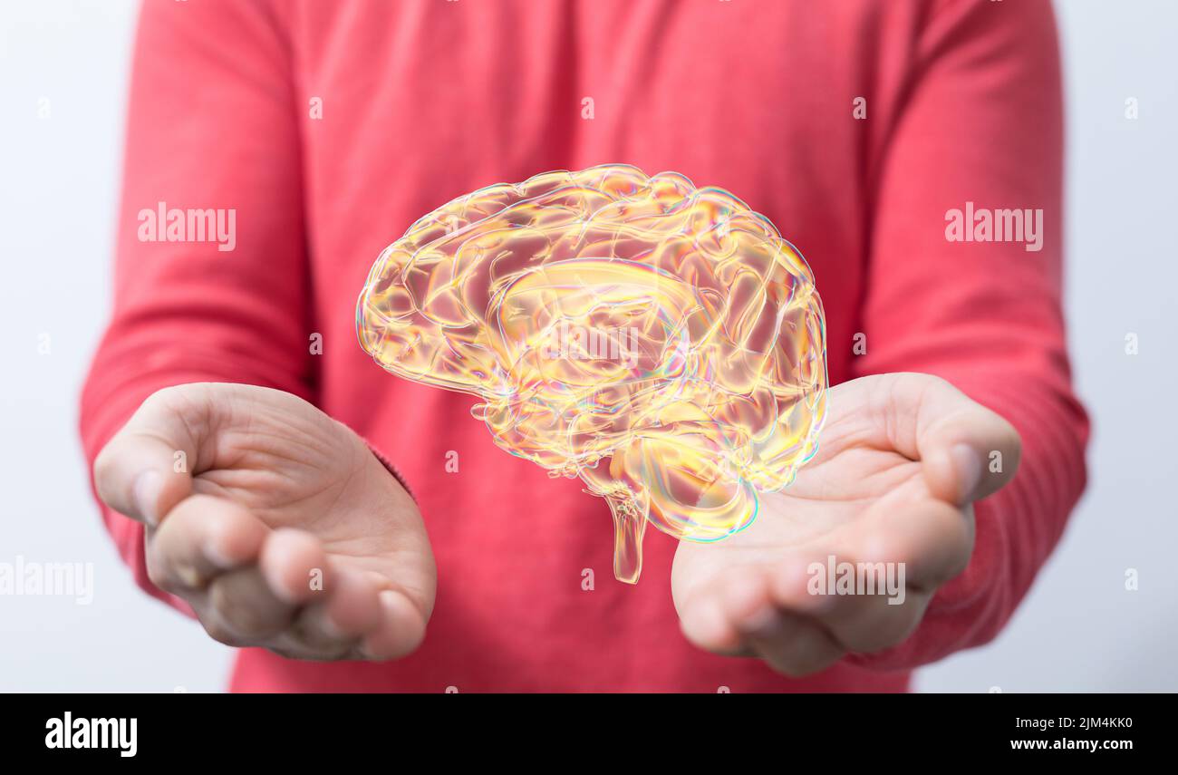 A hologram of a 3D rendered human brain hovering over a person's hands ...