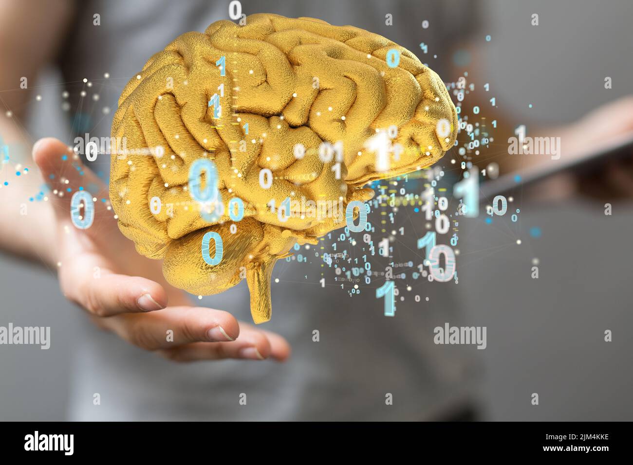 A hologram of a 3D rendered human brain with binary digits hovering ...