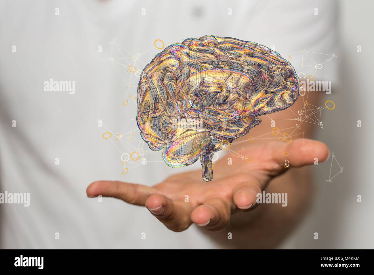 A hologram of a 3D rendered human brain hovering over a person's hands ...