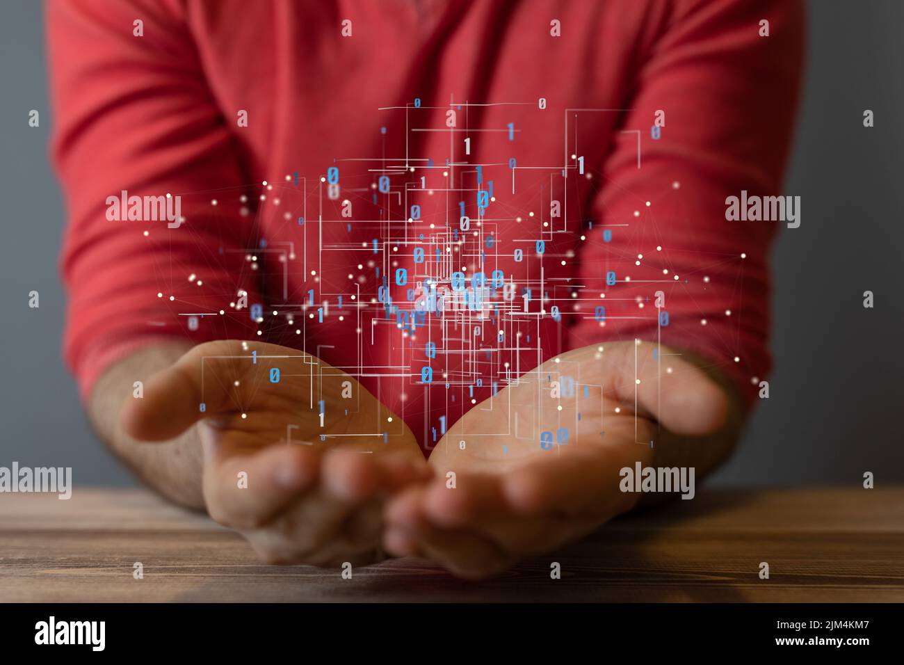A code concept of 3D rendered connected data hovering over the person's ...