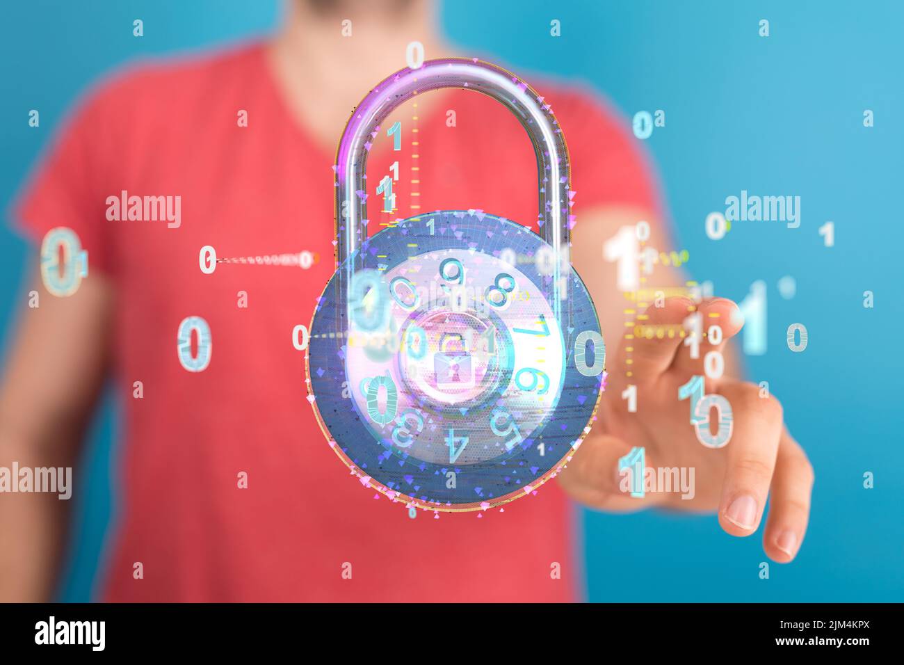 A person's hand tapping on a screen with an illustrative floating ...