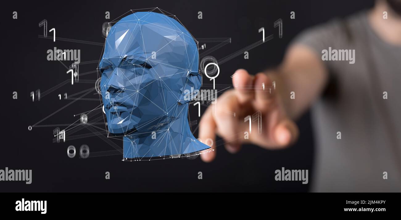 A person's hand tapping on the screen with an illustrative cyber human ...