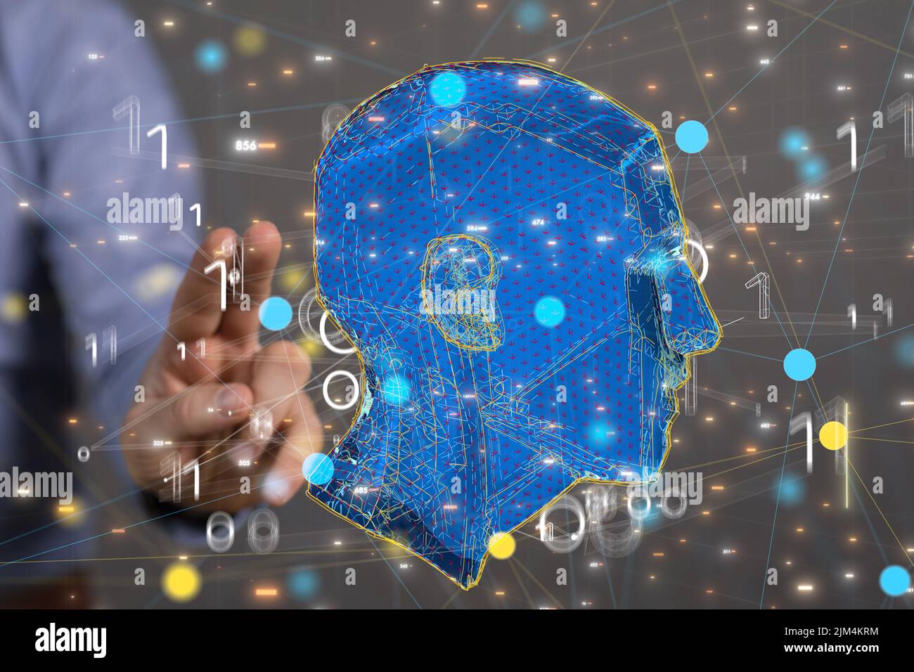 A person's hands with an illustrative cyber head floating above hands ...