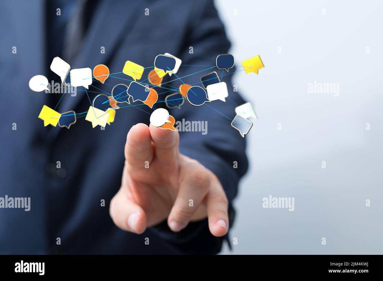 A person's hand tapping on the screen with illustrative message icons ...