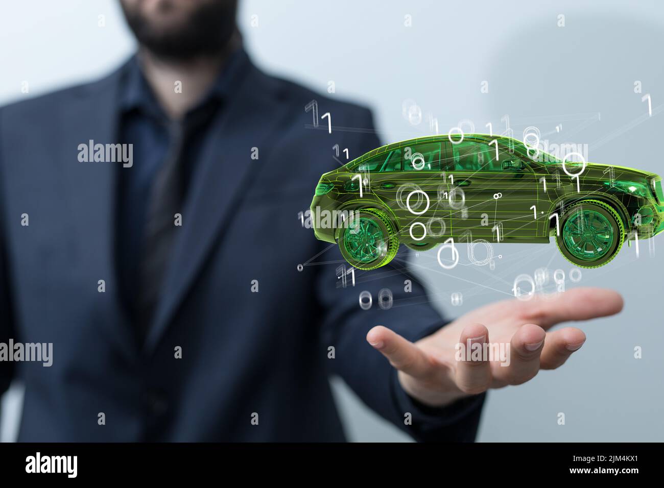 A person's hand with an illustrative car floating above the hand ...