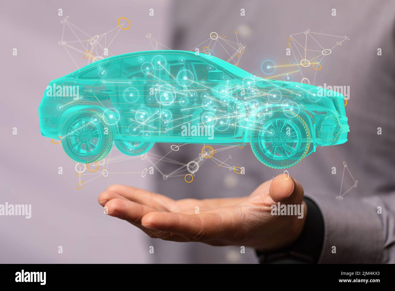 A person's hand with an illustrative car floating above the hand ...