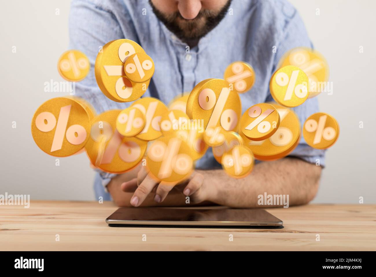 A person looking at his tablet with illustrative percentage icons ...