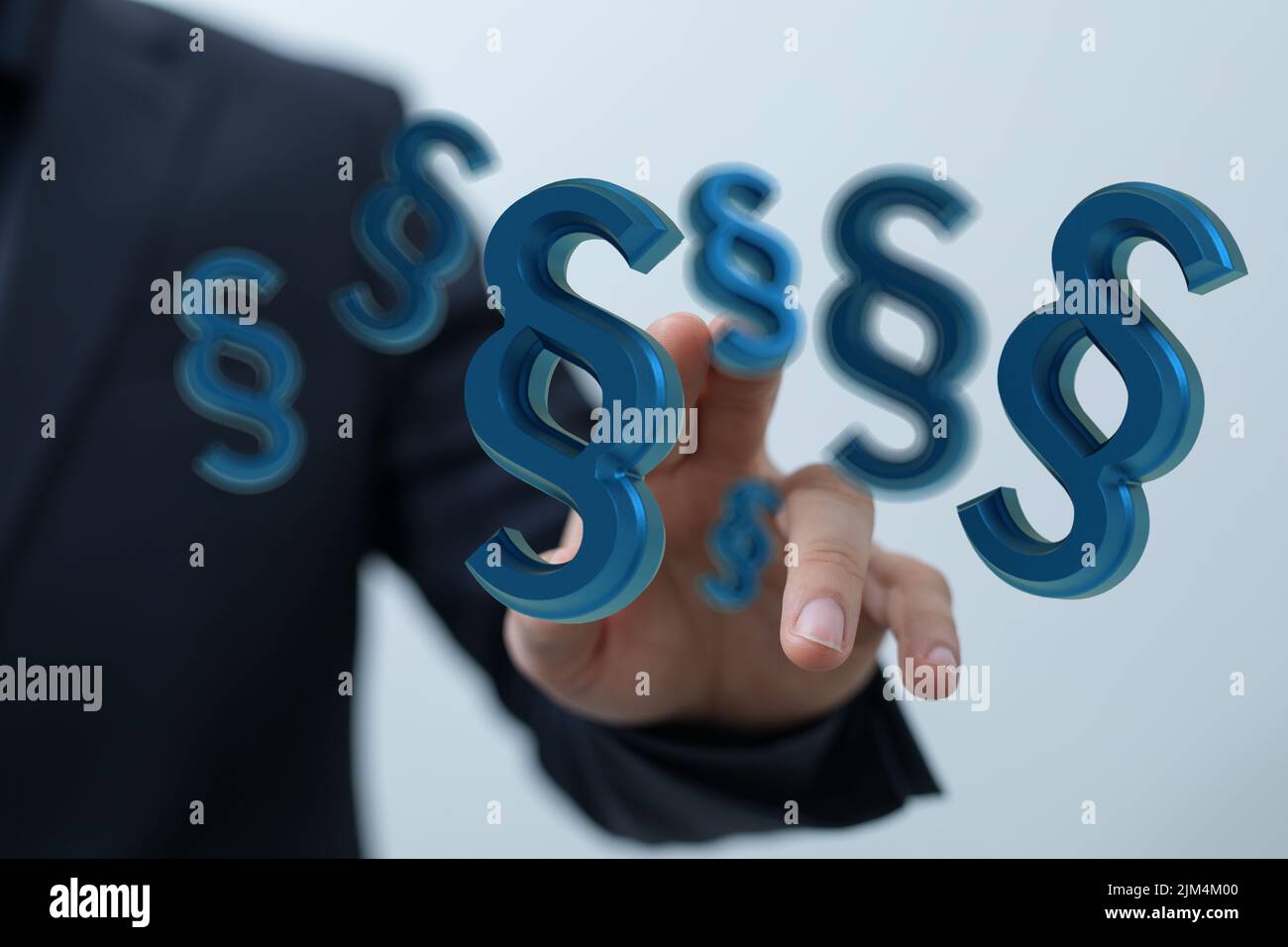 A person pointing at a 3D render of section signs levitating in the air ...