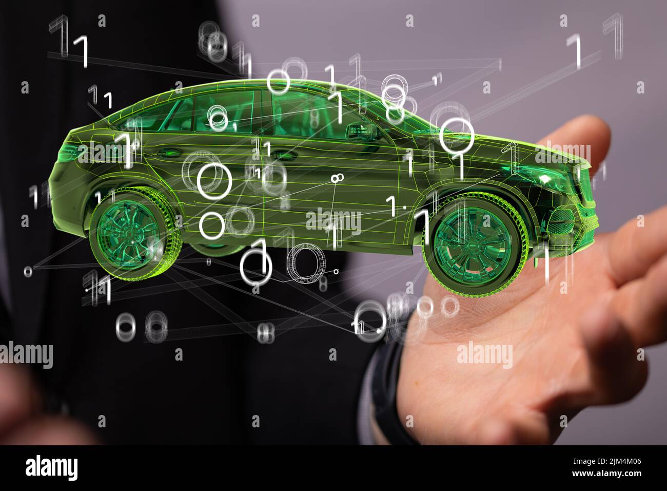 A person's hand with an illustrative car floating above hands. Concept ...