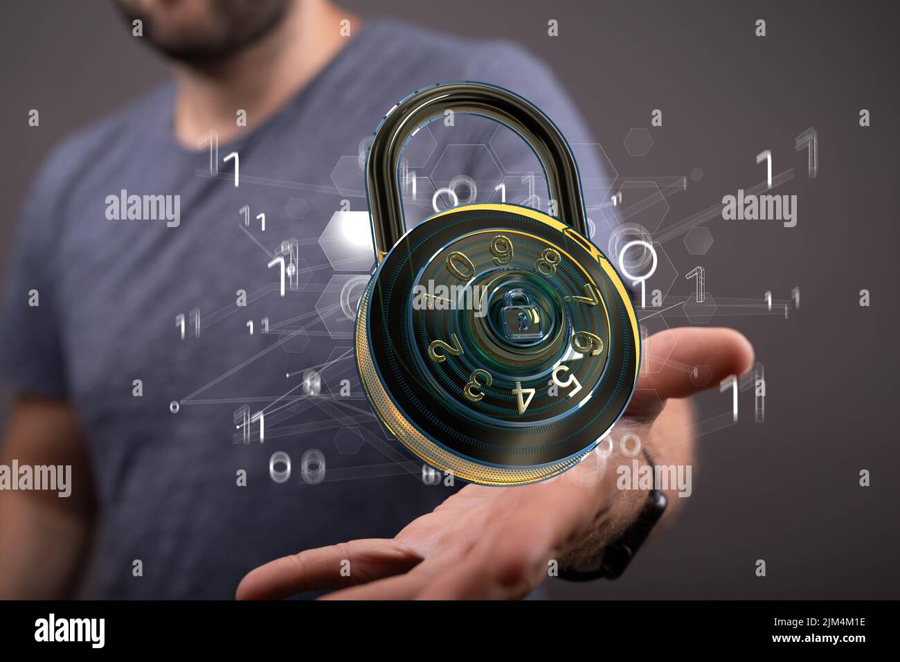 A Person's finger touching a 3D rendered security concept with floating padlock and binary code ...