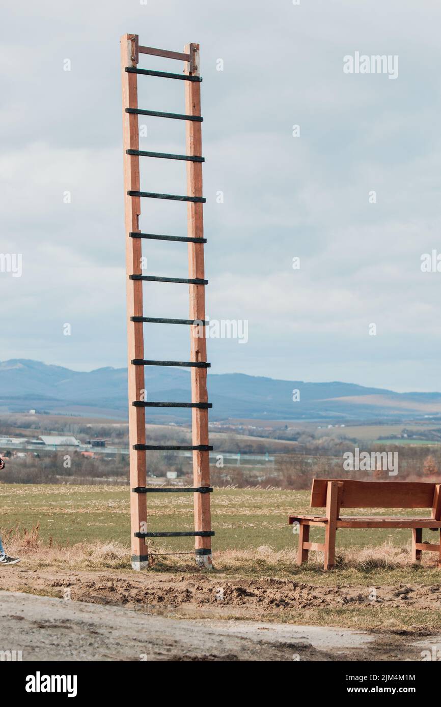 A vertical view of a ladder planted in the ground next to a bench in a ...