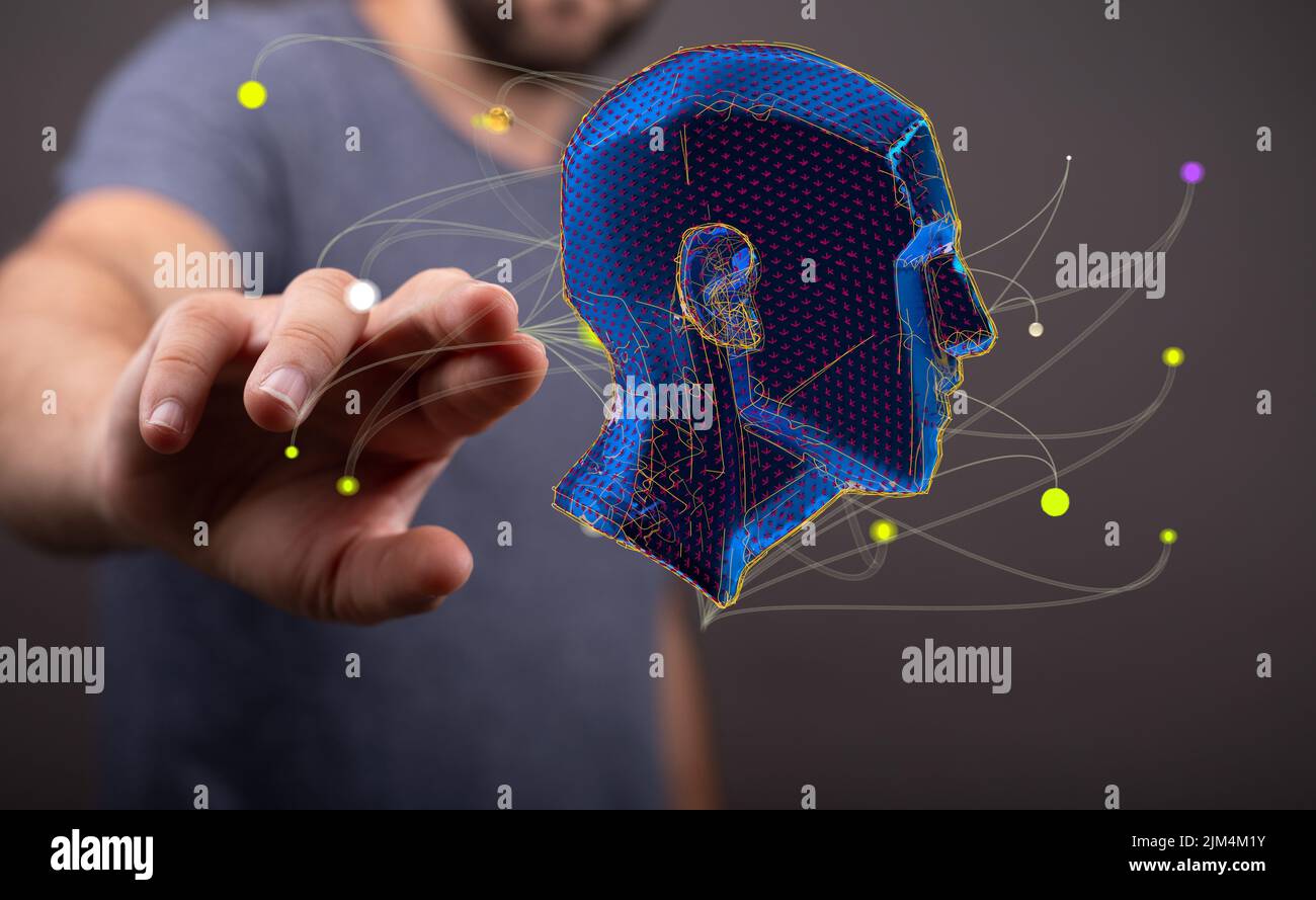 A person's hand tapping on the screen with an illustrative cyber human ...