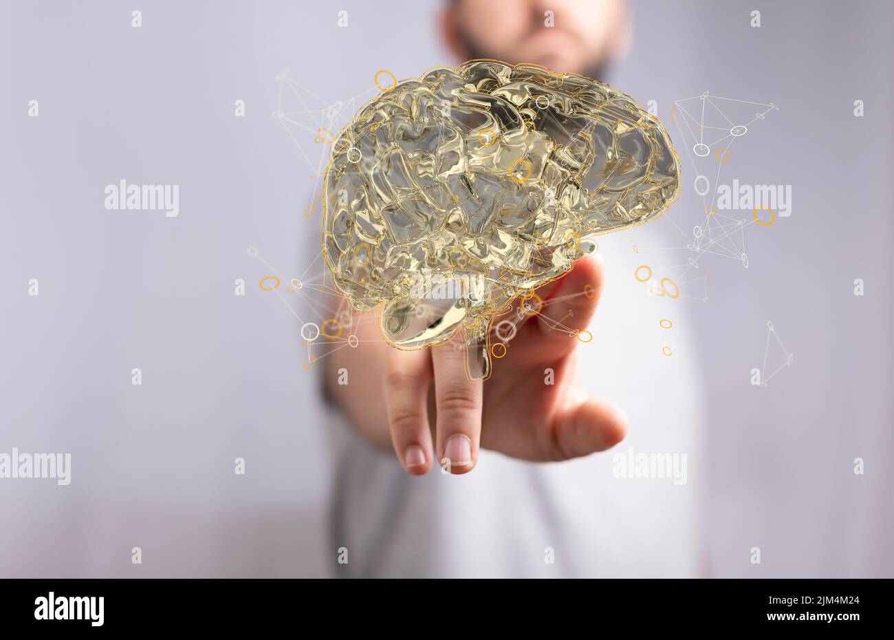 A person pointing at a 3D render of a holographic digital style human ...